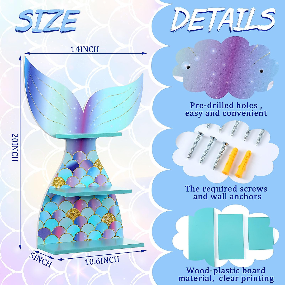 Bencailor Wall Decor Shelf Bedroom Hanging Shelf Wall Mounted Shelf Wooden Floating Shelves Bathroom Decor for Girls Bedroom Nursery Gift (Delicate Mermaid)