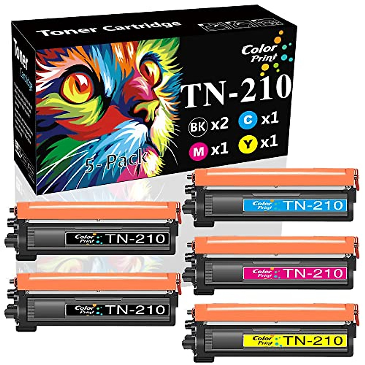ColorPrint Compatible Toner Cartridge Replacement for Brother TN210 TN-210 TN210BK Work with DCP-9010CN HL-3070CW 3075CW 3040CN 3045CN MFC-9010CN 9125CN 9325CW Printer (2BK, 1C, 1M, 1Y, 5-Pack)