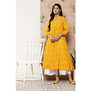 Janasya Indian Women's Mustard Cotton Botanical Printed Flared Kurta