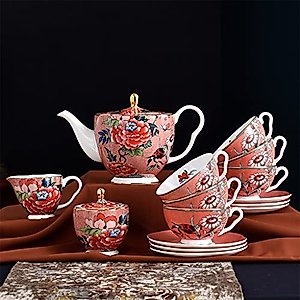 DNATS 15pcs European Style Bone China Coffee Set Golden Porcelain Tea Set Afternoon Teapot Sugar Bowl Milk Jug Coffeeware (Color : E)