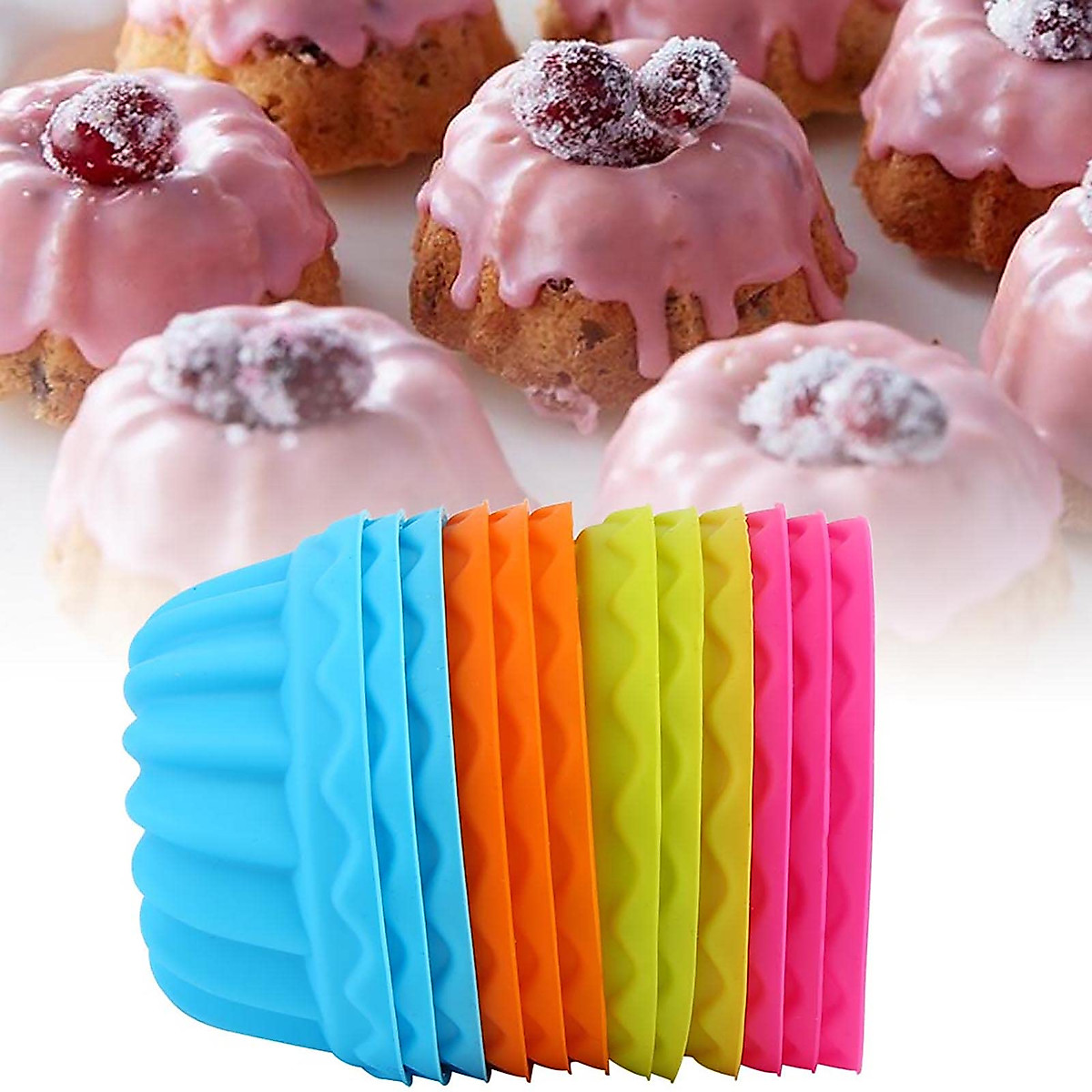 Hapivida Silicone Cupcake Molds, 12Pcs Mini Fluted Round Silicone Baking Mold Silicone Donut Pans, Non-stick Reusable Mini Pumpkin Silicone Cupcake Baking Cups