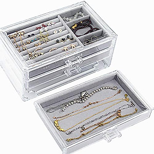 Acrylic Jewelry Box 3 Drawers, Velvet Jewellery Organizer, Earring Rings Necklaces Bracelets Display Case Gift for Women, Girls