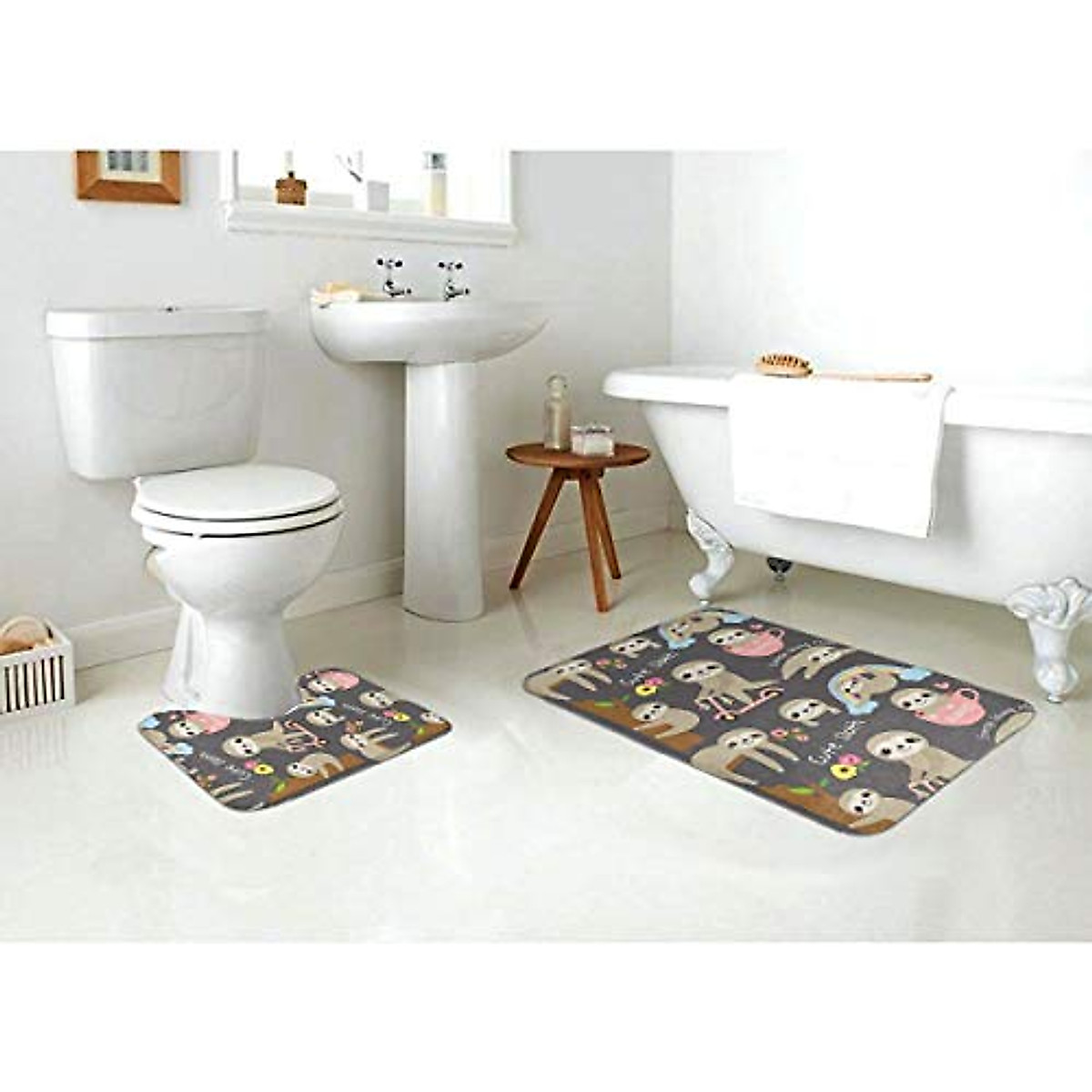 ZOEO Cute Sloth Rainbow Bathroom Rugs Bath Mat Sets 3 Piece for Toilet Large Non Slip Contour Mats U Shaped for Women