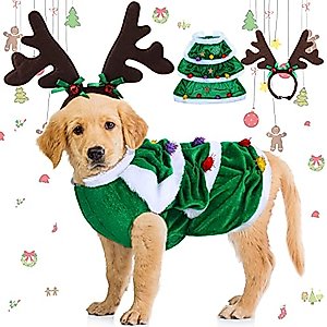 2 Pieces Christmas Dog Costume Outfit Reindeer Dog Costume with Green Xmas Tree Clothes and Elk Reindeer Antler Headband, Warm Winter Puppy Coat Deer Headwear for Christmas Pet Party (Medium)