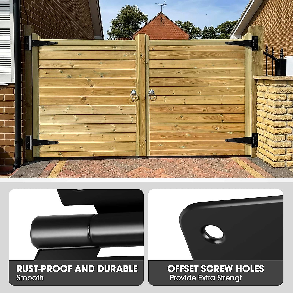 Gate Hinges Heavy Duty, Black T-Strap Strap Shed Hinge,180° Barn Door Hinges,Fence Gate Hardware Kit，Includes Anti-Rust Screws（2pcs，8inch）