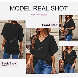 Dokotoo Womens Summer Tops Casual Short Sleeve Shirts V Neck Pleated Tunic Tops Loose Cute Bell Sleeve Chiffon Blouses for Ladies Plus Size,2XL(US 18-20),Black