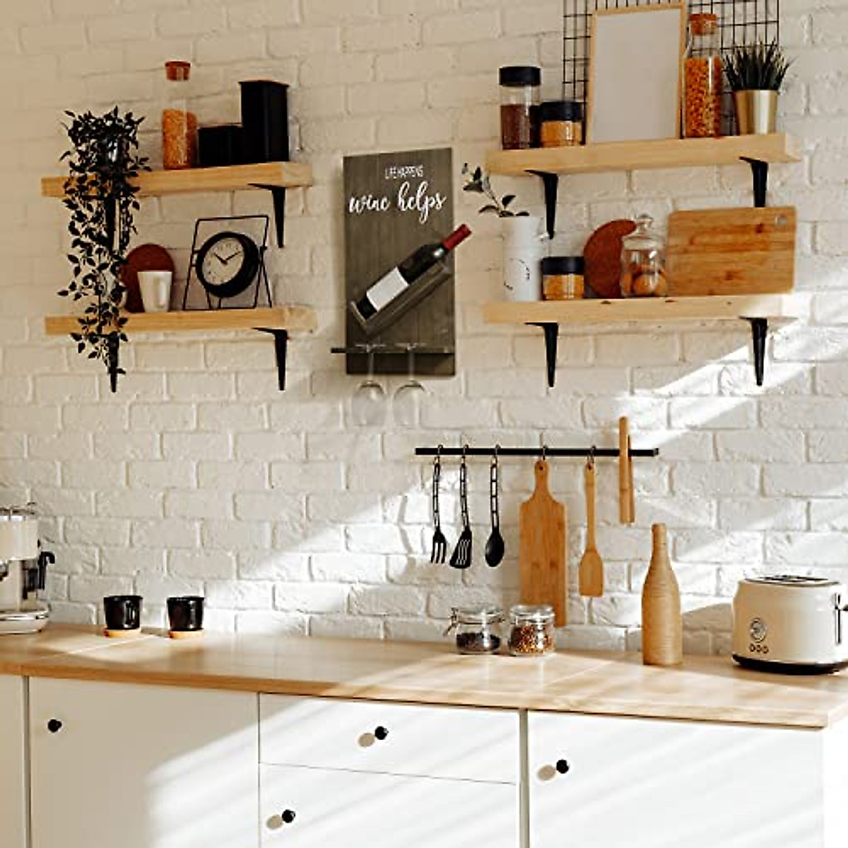 Elegant Designs HG1016-RGY Lucca Quote Saying “Life Happens Wine Helps” Wooden Bottle Shelf with Glass Holder Wall Mounted Wine Rack, Rustic Gray