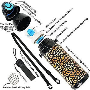 27 OZ Vacuum Insulated Water Bottle with 2 Lids, Stainless Steel Leak Proof Insulated Cup with Strap Keep Drinks Hot and Cold Long Hours for Women, Leopard Metal Water Bottles for School Sports
