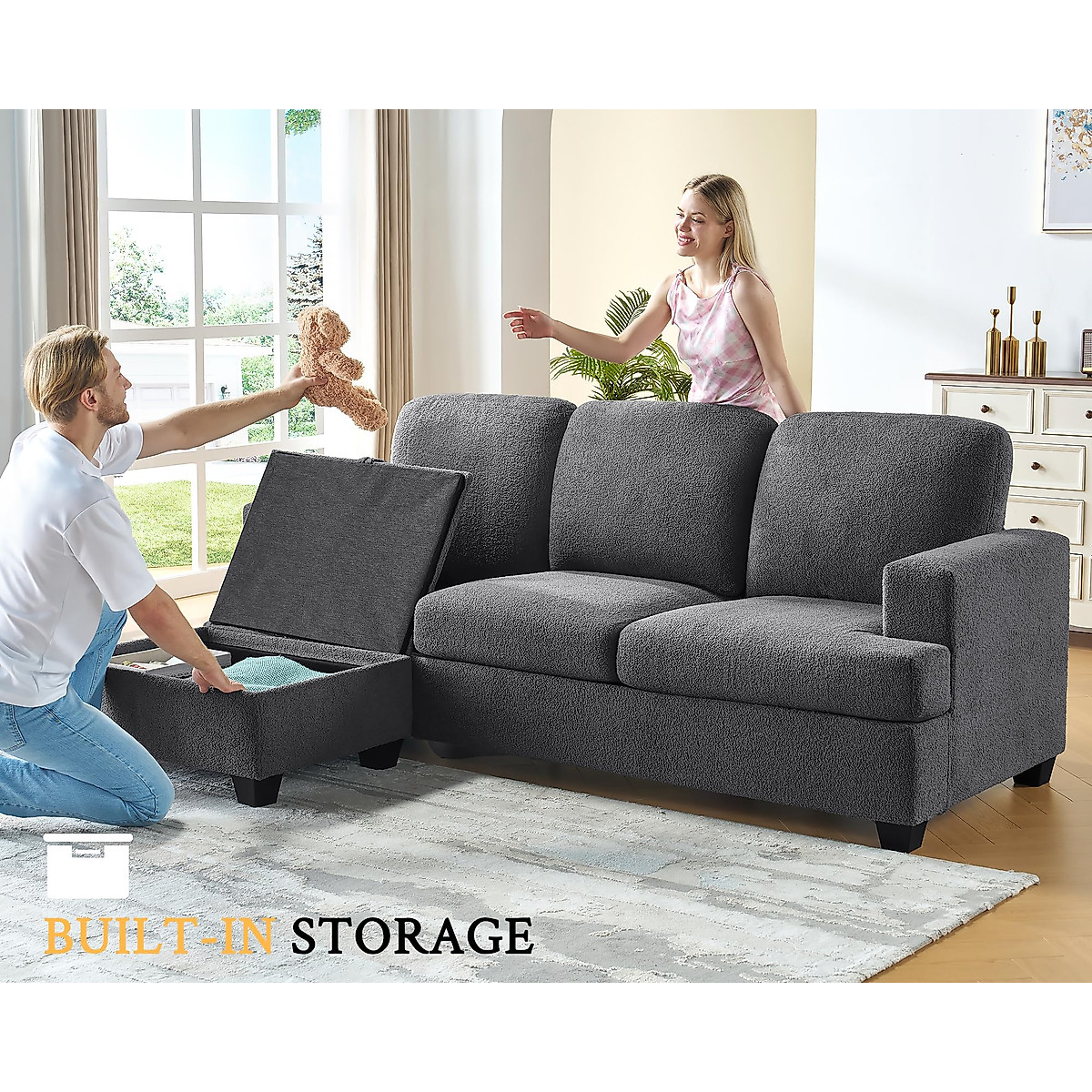 VanAcc 89 Inch Convertible Sofa with Storage, Reversible L Shape Sofa Couch with Chaise, Comfy Couches for Living Room, Grey Bouclé