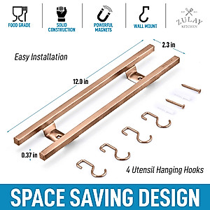 Zulay (12 Inch) Stainless Steel Magnetic Knife Holder For Wall - Powerful Knife Magnetic Strip With Extra Hanging Hooks - Wall Mount Magnetic Knife Strip & Organizer For Kitchen & Tools (Copper)