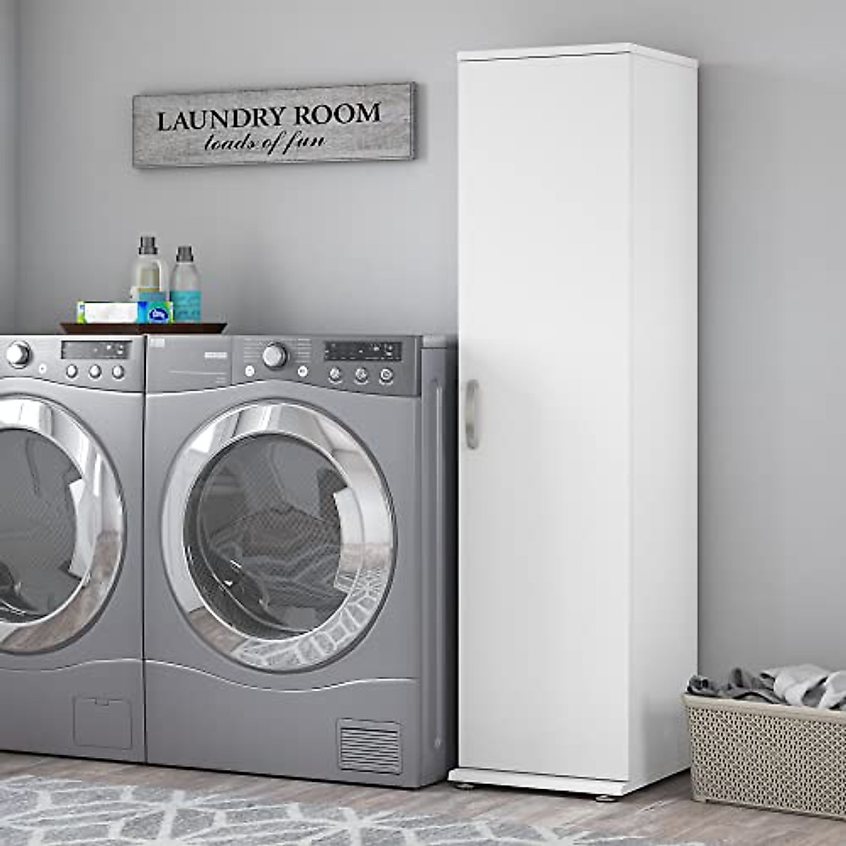 Bush Business Furniture Universal Laundry Storage Narrow Linen Tower with Door and Shelves, White