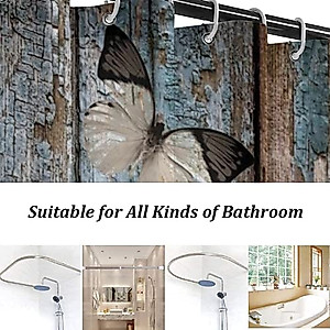 4 Piece Fun Butterfly Vintage Wooden Floral Tulip Flower Shower Curtains Sets with Non-Slip Rugs, Toilet Lid Cover and Bath Mat, Bathroom Sets with Shower Curtain and Rugs and Accessories