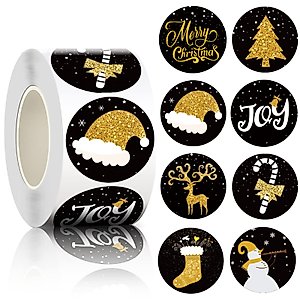 500PCS Christmas Stickers Labels Kalolary 8 Patterns Adhesive Round Christmas Tags Black Golden Xmas Decorative Envelope Seals Sticker for Craft Scrapbooking Party Christmas Decoration (1 Roll)
