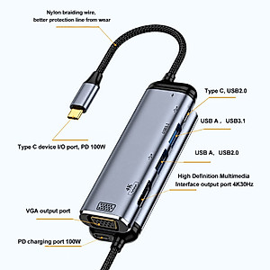Sorandy USB C HUB, USB C Adapter 6 in 1 Dongle with 4K60HZ , VGA, USB3.1, 100W PD USB C Dock SD TF Card Reader Compatible with Cell Phones, Laptops, Desktop Computers, Tablets