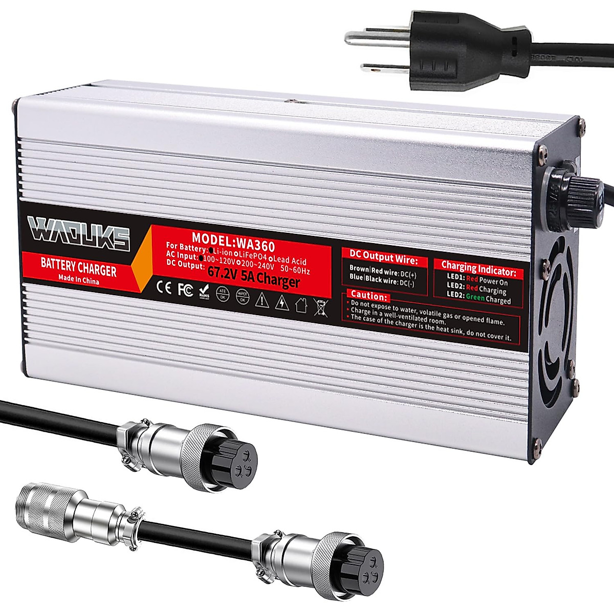 WAOUKS 67.2V 5A Charger 67.2V Lithium Battery Charger 60V Smart Charger Output GX16-3pin 1+ 3-/GX16-3pin 1+ 2- Connector Used for 16S 60V Li-ion Battery Pack