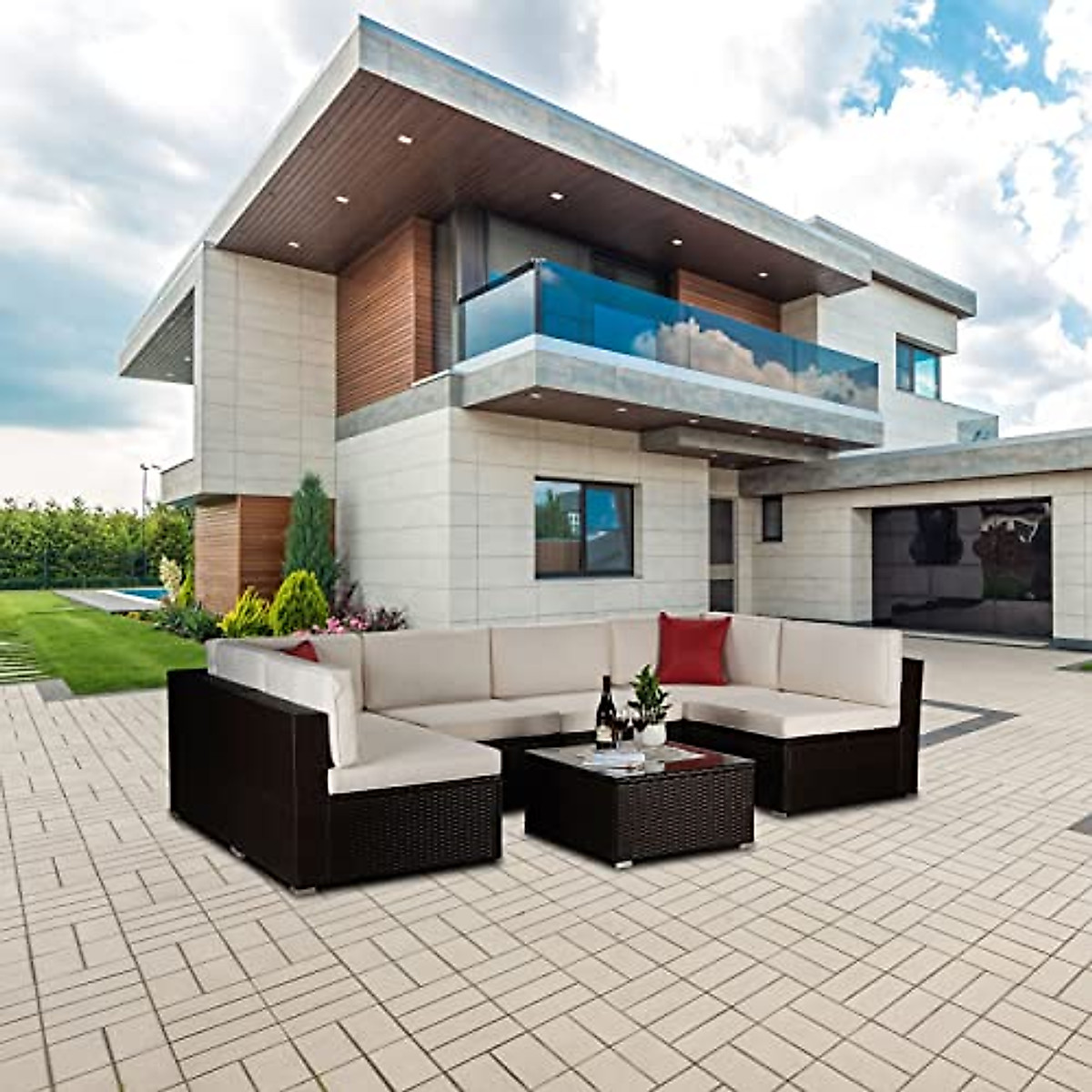 7 Pieces Outdoor Sectional Sofa Set, Brown PE Rattan Wicker Sectional Beige Cushioned Sofa Sets with 2 Red Pillows Patio Conversation Set with Glass Table for Lawn, Backyard, and Poolside