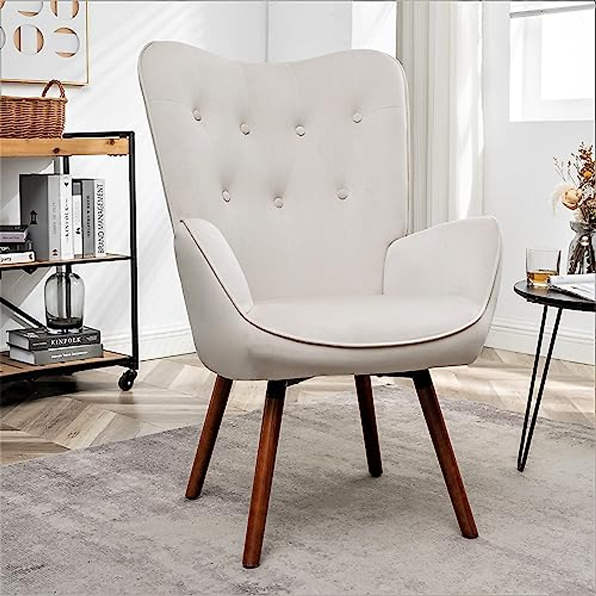 Container Furniture Direct Chic Accent Arm Chairs for Living Room, Bedroom, or Home Office, Button-Tufted Midcentury Armchair with Wingback Design and Splayed Legs, Ivory