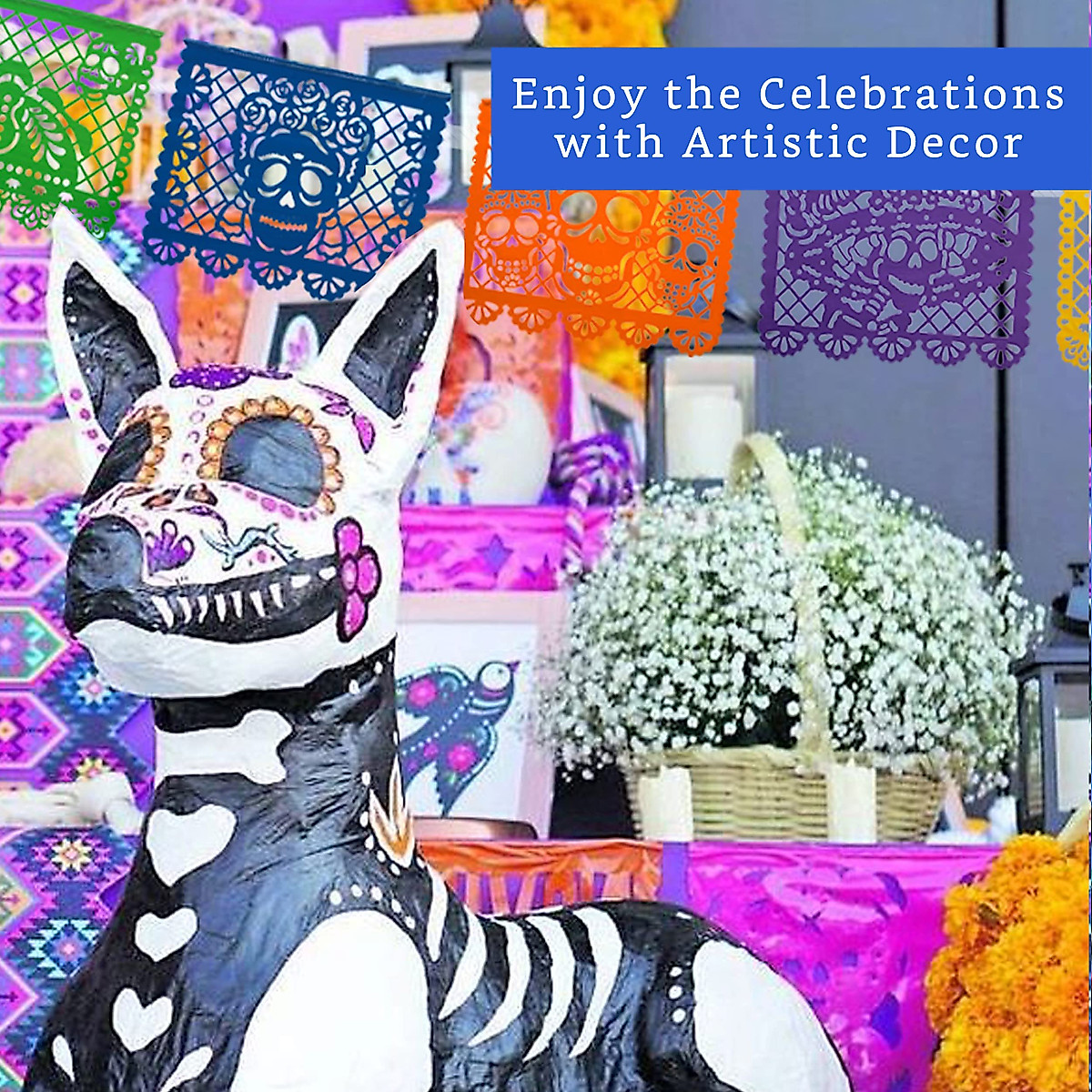Mexican Party Banners (5 Pack - 10 Plastic Flag Designs per Banner) - Papel Picado Dia de Los Muertos Decorations for Altar - Day of The Dead Banners - Day of Dead Décor