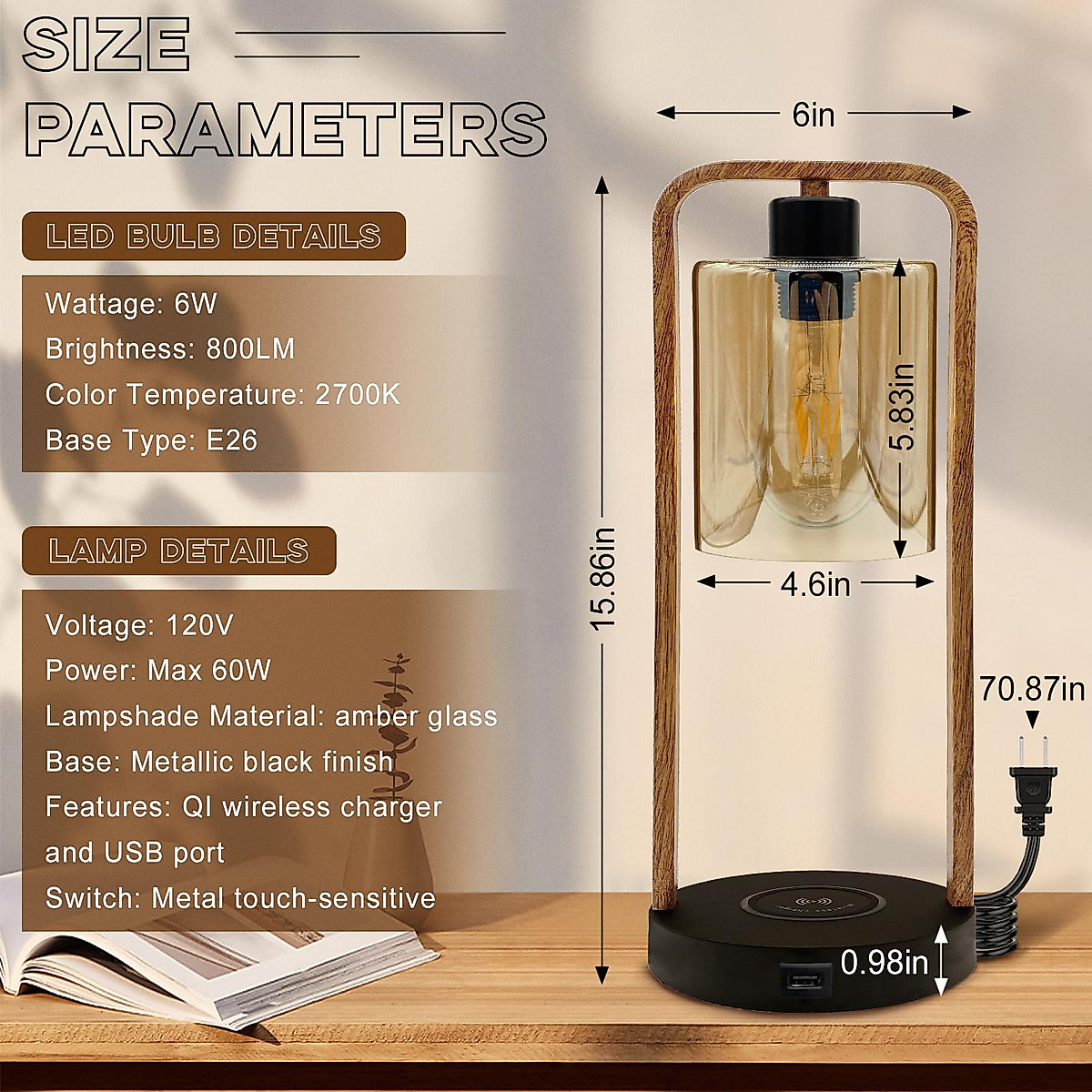 Wireless Charging Touch Lamps for Nightstand Set of 2 - Industrial Table Lamps for Bedrooms 3-Way Dimmable Bedside Lamps with USB, Wood Grain Desk Lamps with Amber Glass Shade for Home, Bulbs Included