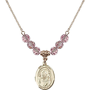 Bonyak Jewelry 18 Inch Hamilton Gold Plated Necklace w/ 6mm Light Rose Pink October Birth Month Stone Beads and Saint David of Wales