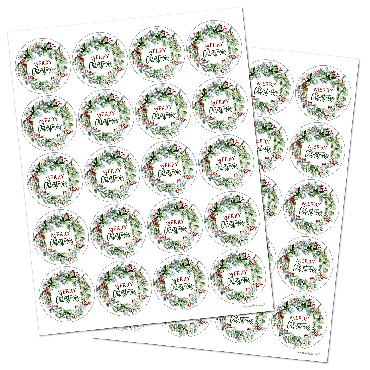 2" Round Greenery Wreath Merry Christmas Stickers (40 Labels)