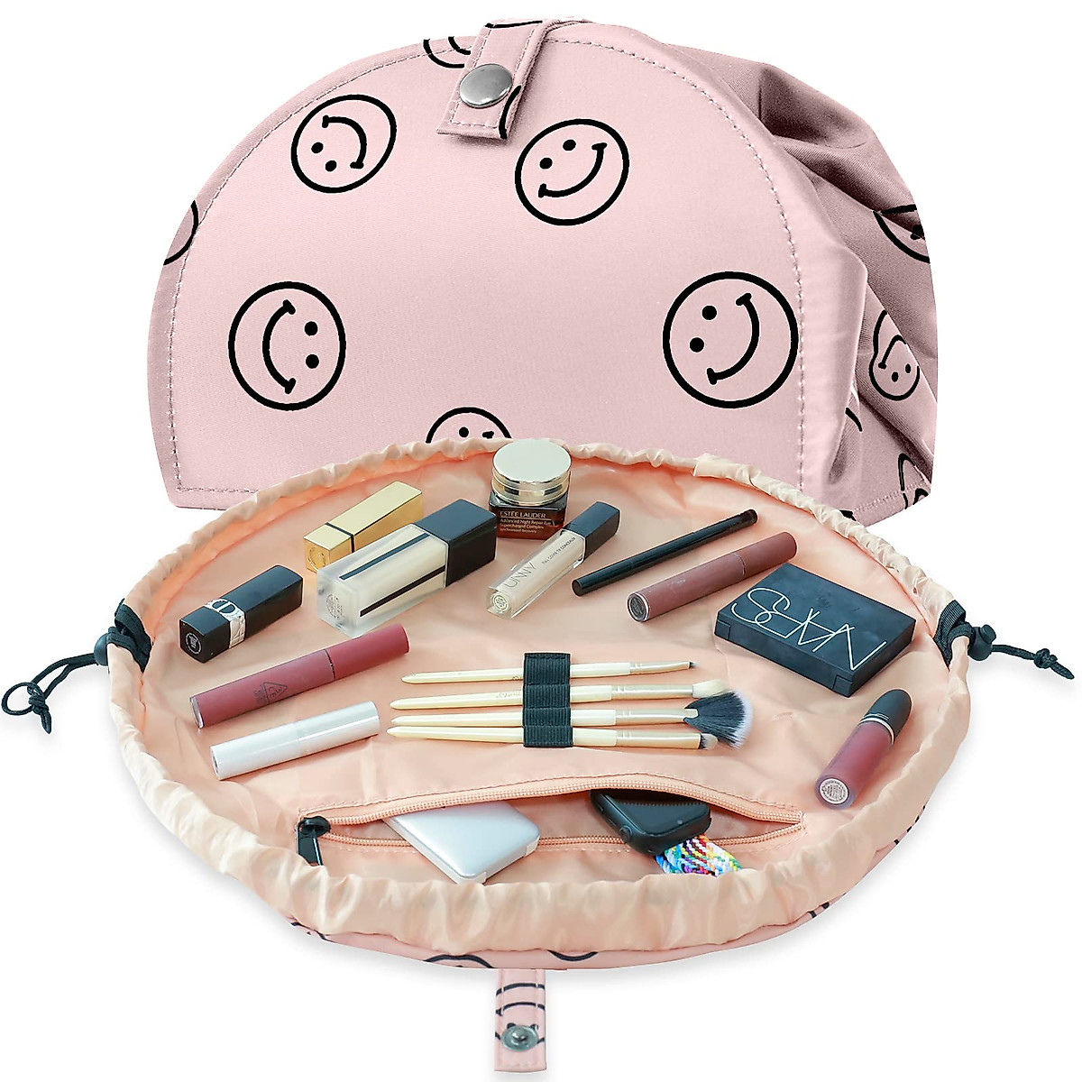 MESTOOTH Drawstring Makeup Bag Open Lay Flat,Large Capacity Cosmetic Bag For Women Purse With Compartments,Travel Toiletry Bag Accessories Organize (Green) (pink)