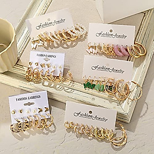 32 Pairs Gold Hoop Earrings Set for Women, Fashion Chain Link Hoop Stud Drop Dangle Earrings Boho Statement Hypoallergenic Earrings for Christmas Jewelry Gift