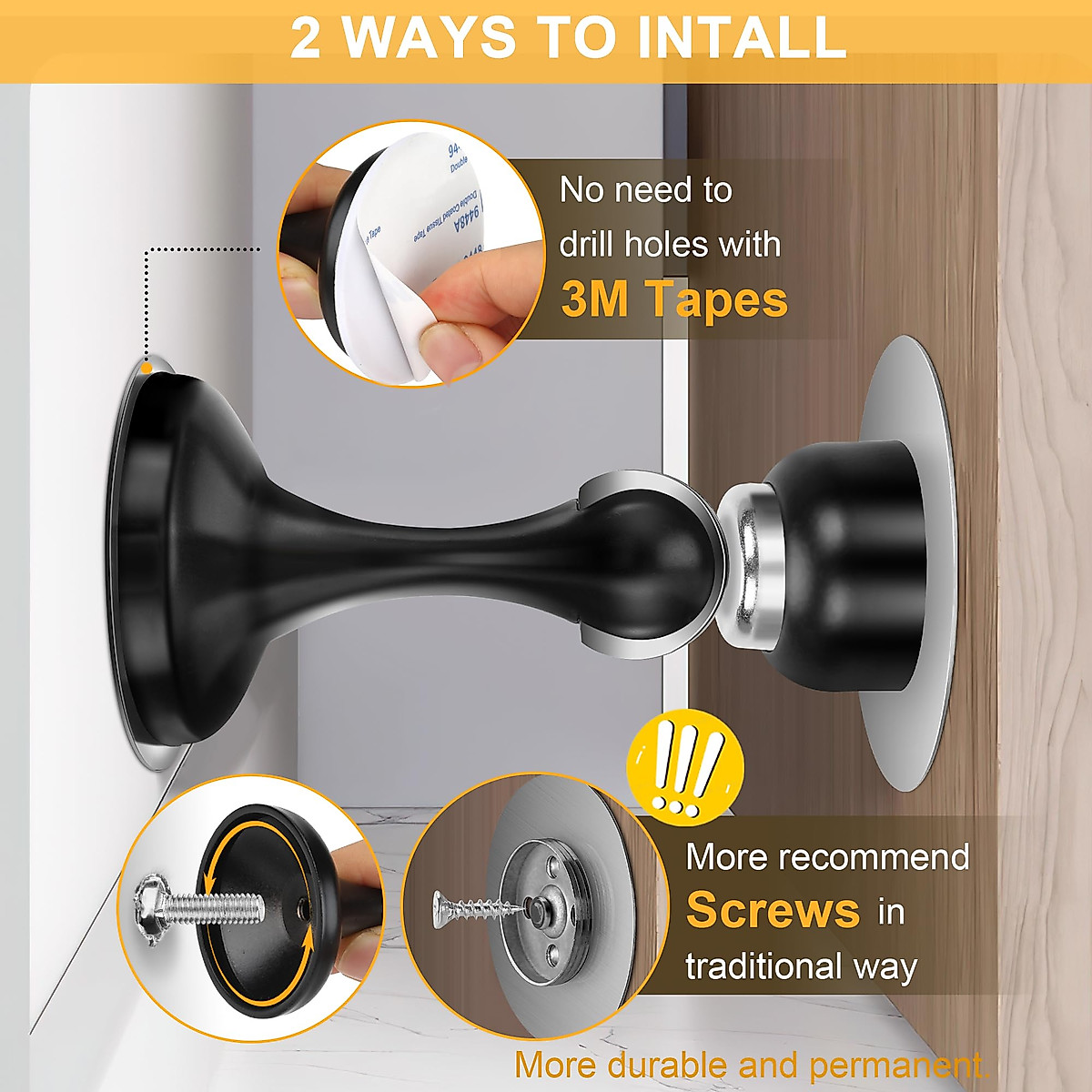 Crosize Magnetic Door Stoppers 2 Pack, Stainless Steel Door Stops for Wall and Floor Mounting, Door Holder Keep Door Open, No Drilling Door Stop with 3D Adhesive Tapes, Black