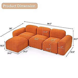 Tmsan Modular Sectional Sofa, Convertible L Shaped Couch, 94.5" Modern Minimalist Cloud Couches for Living Room Set, Comfy Orange Teddy Fabric
