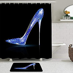 2Pcs Shower Curtain Set with Non-Slip Rug Bath Mat,Girly High Heel Blue Diamond Studded Shoe On Black Beauty Woman Waterproof Bath Curtains with 12 Hooks Bathroom Decoration for Home Hotel