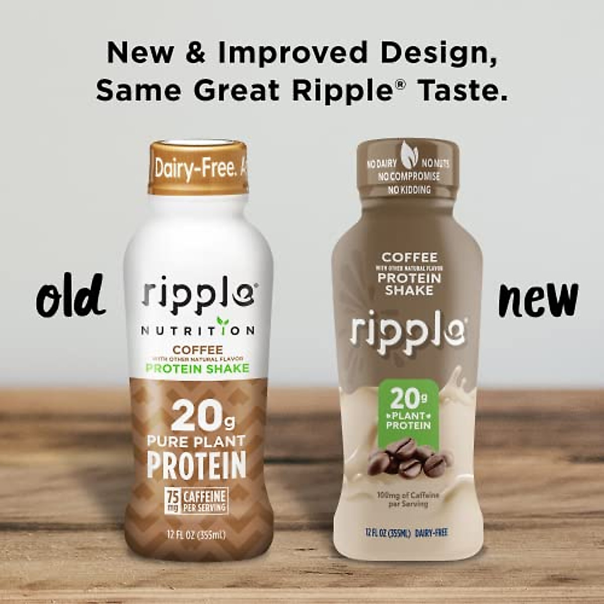 Ripple Vegan Protein Shake | Coffee Flavor | 100mg of Caffeine | 20g Nutritious Plant Based Pea Protein | Shelf Stable | Free of GMOs, Soy, Nut, Gluten, Lactose | 12 oz, Pack of 12