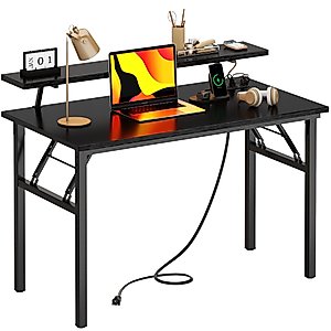 Need 39 Inch Small Folding Computer Desk with Power Outlets & Monitor Shelf Study Desk Gaming Desk with Led Lights Cup Holder & Headphone Holder,Black