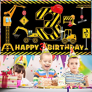Construction 3rd Birthday Banner Decorations for Boys Kids, Dump Truck Construction Theme Three Birthday Backdrop Party Supplies, Excavator Crane Digger Three Year Old Poster Sign