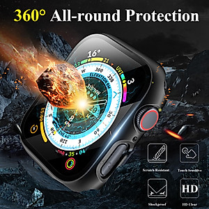 [3 Pack] Case for Apple Watch Series 9 Screen Protector 45mm Series 8 Series 7, EWUONU Hard PC Bumper Cover HD Tempered Glass Full Protective Case for iWatch Series 9/8/7 Accessories 45mm, Black