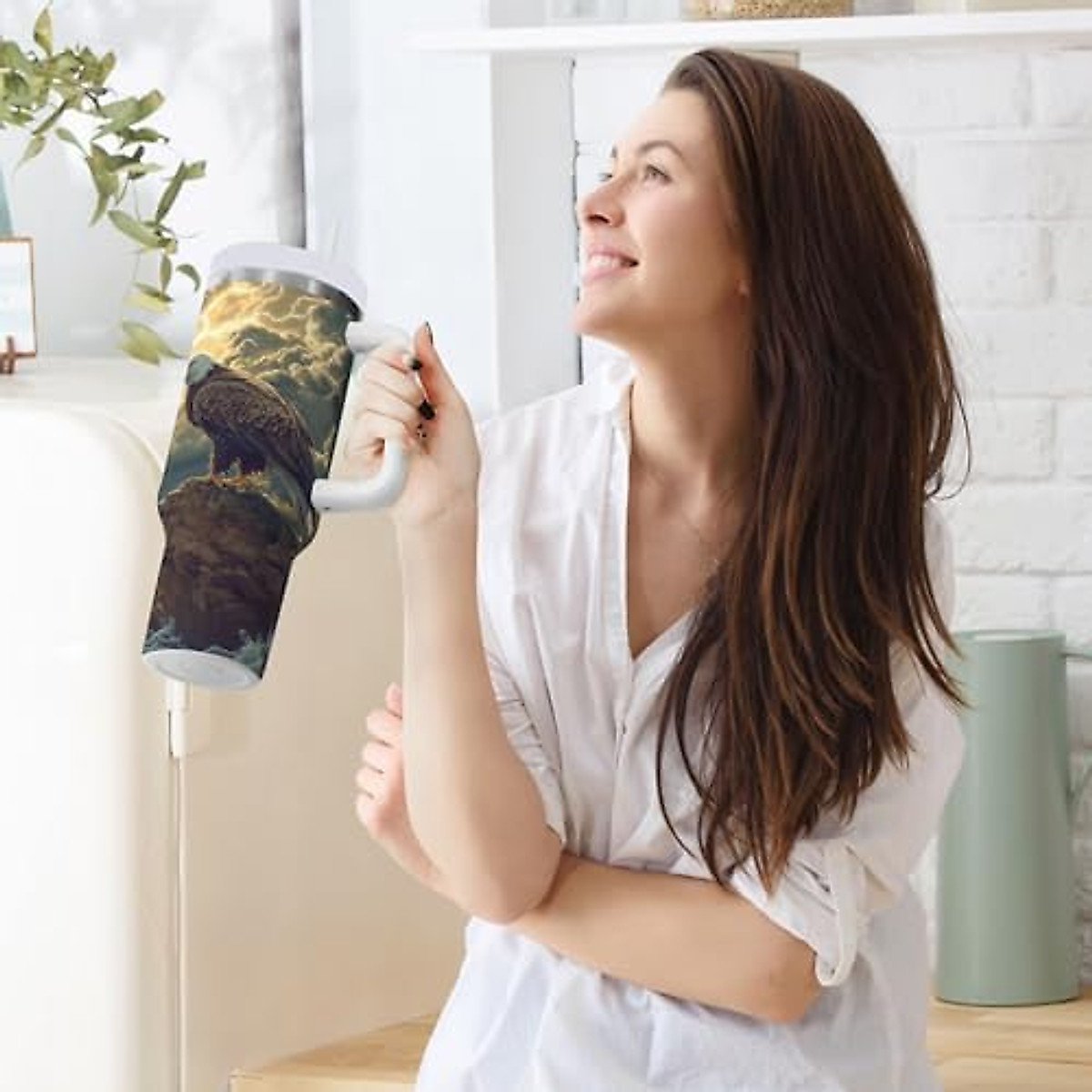 Slewiaeky Tumbler with Handle 40 oz Hawk Animal Classic America Travel Mug with Lid and Straw Stainless Steel Vacuum Insulated Water Bottle Cup for Iced Tea Coffee Cold Beverages Cup Holder Friendly