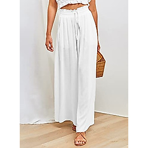 EVALESS Women's Comfy Wide Leg Pants Casual Drawstring Elastic Waist Lounge Culottes with Pockets White X-Large