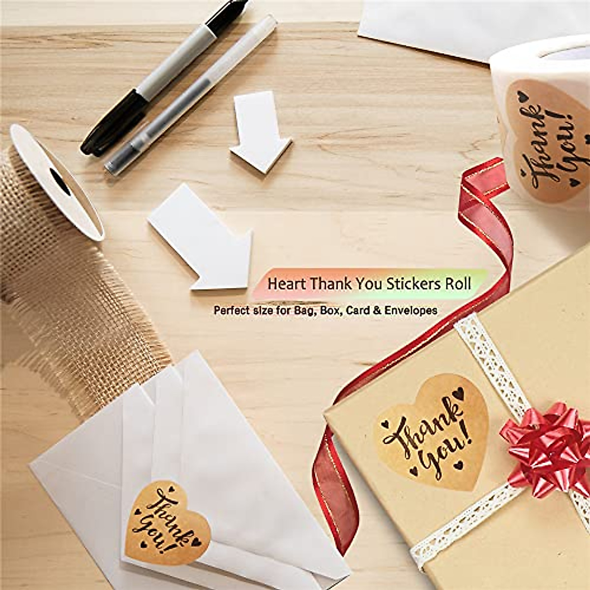 Thank You Heart Stickers Roll, 1.5 inch Thank You Stickers Brown Kraft Paper, 500p/Roll, Small Business, Party Decorative Sealing Labels Stickers(Heart Thank You Stickers 500Pcs/Roll)