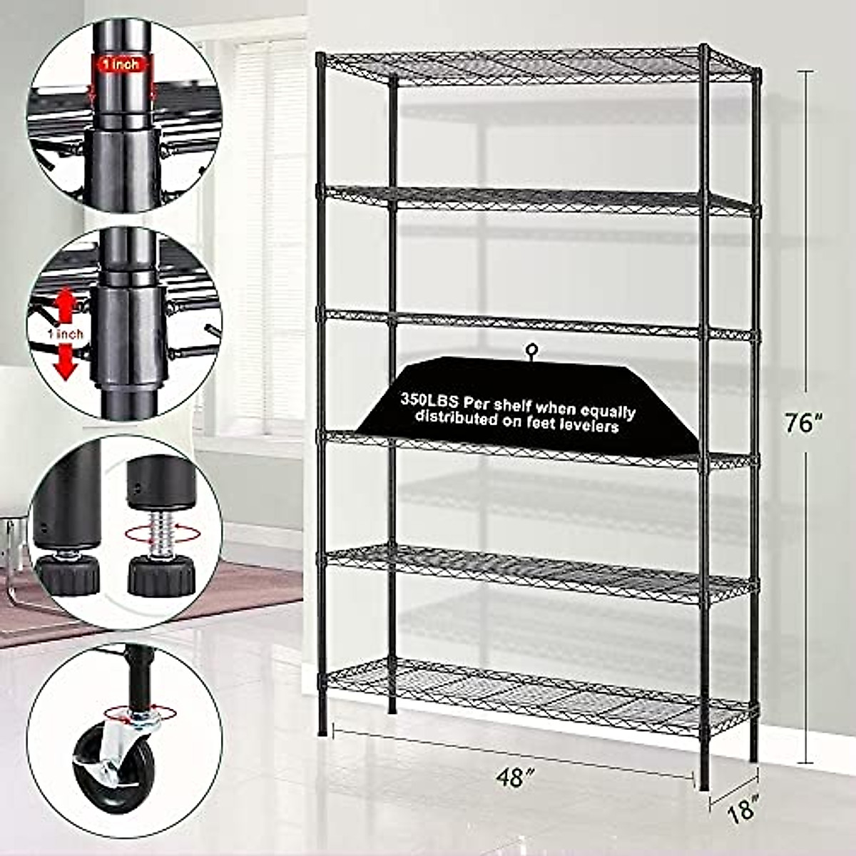 HHS Storage Shelf Metal Shelves Wheels Wire Shelving Unit 48 x 18 x 82(2100LBS) Sturdy Steel 6 Tier Layer Rack Casters for Restaurant Garage Pantry Kitchen Garage Rack Black (A776Black)