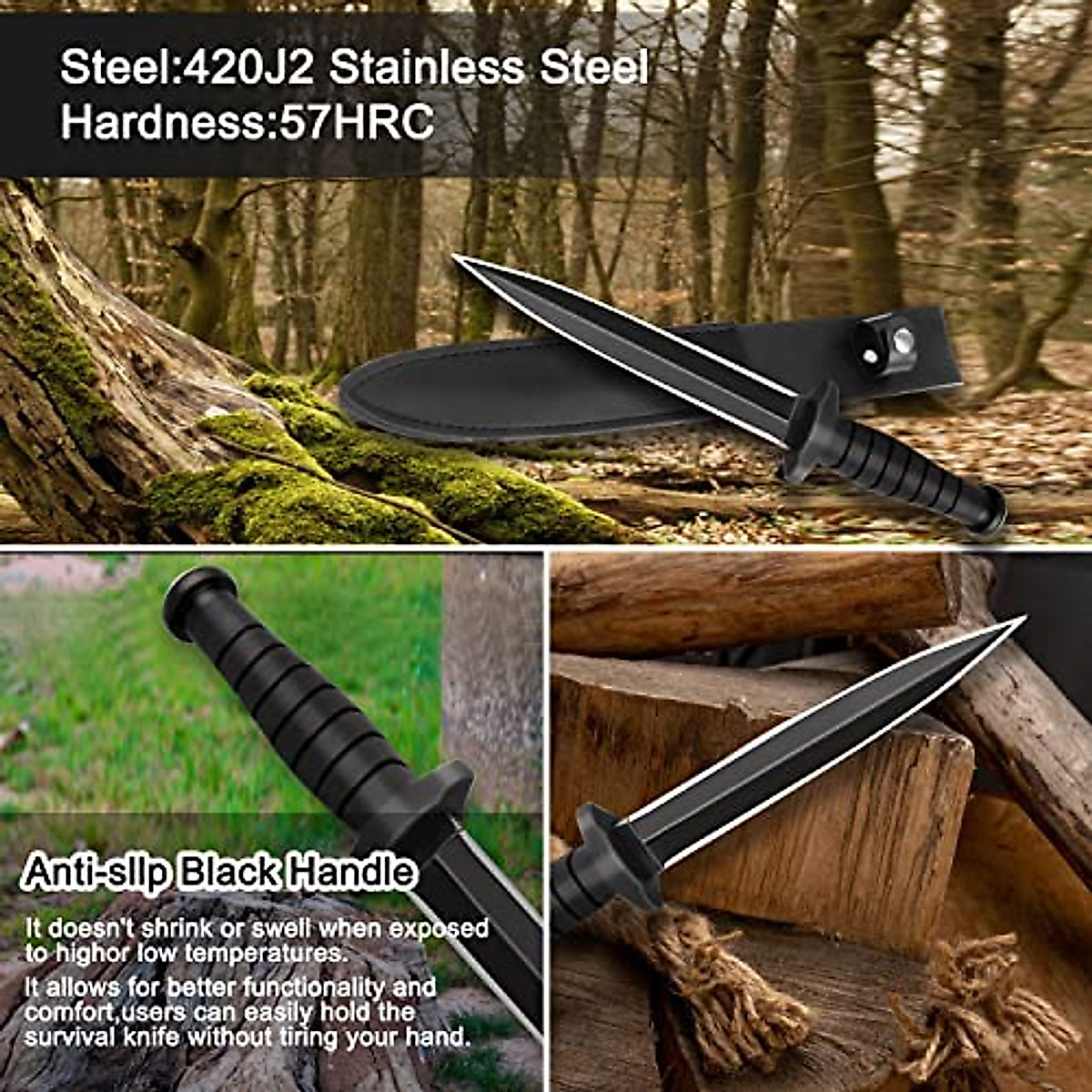 liuliang1 12.2'' EDC Straight Edge Tactical Bowie Knife with Sheath Survival Hunting Tactical Combat Knife for Outdoor Camping , Fishing Black