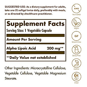 Solgar Alpha Lipoic Acid 200 mg, 50 Vegetable Capsules - Antioxidant Support - Helps to Recycle Glutathione, Vitamin C & E, CoQ-10 - Non-GMO, Vegan, Gluten Free, Dairy Free, Kosher - 50 Servings