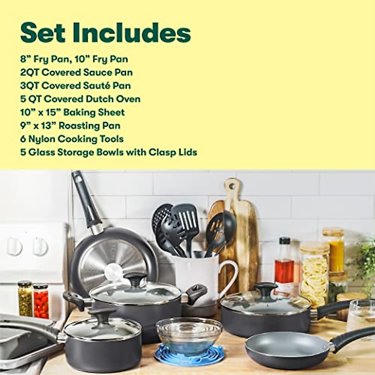 BELLA 21 Piece Cook Bake and Store Set, Kitchen Essentials for First or New Apartment, Assorted Non Stick Cookware, 9 Nylon Hassle-Free Cooking Tools, 5 Glass Storage Bowls w Lids, BPA & PFOA Free