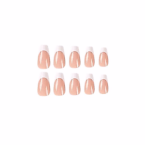Foccna Nude Fake Nails Long, French Coffin Glossy Press on Nail False Tips Artificial Finger Manicure for Women and Girls 24pcs