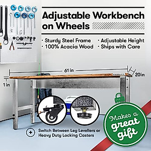 Fedmax Work Bench - 61" Rolling Portable Workbench for Garage - Metal with Acacia Hardwood Top, Adjustable Legs