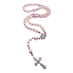 Nazareth Store Pink Pearl Beads Womens Rosary Handcrafted Beaded Necklace with Miraculous Medal and Jesus Cross