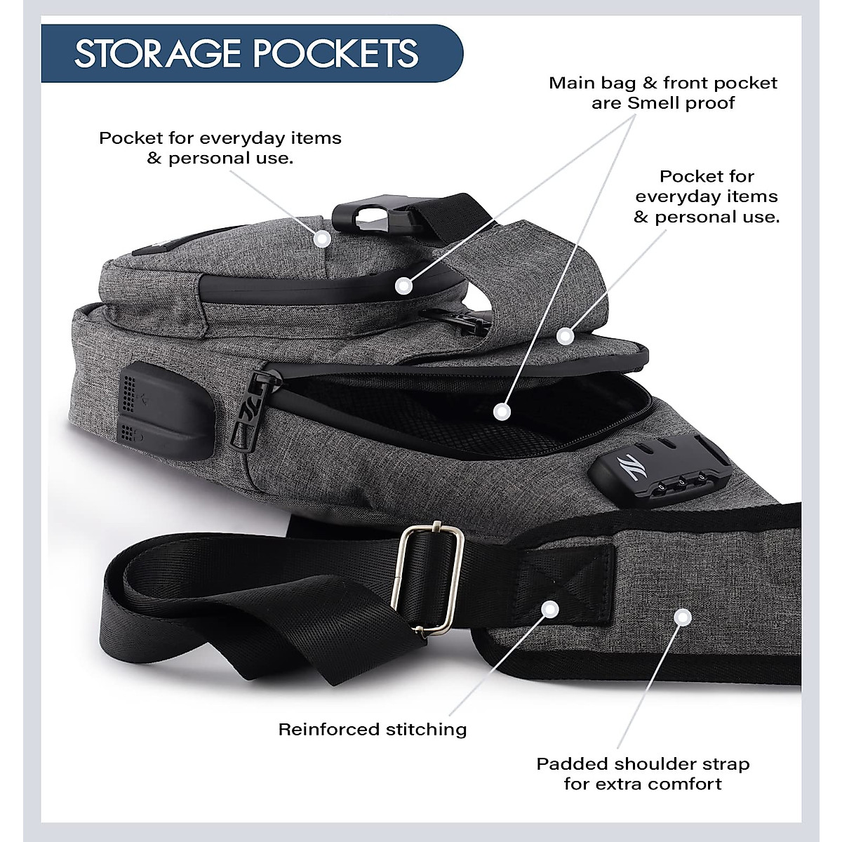 INNOSCENT Smell Proof Sling Bag Backpack - COMBINATION LOCK - Shoulder Crossbody Bag With USB/Headphone Charging Port Black (Light Grey)