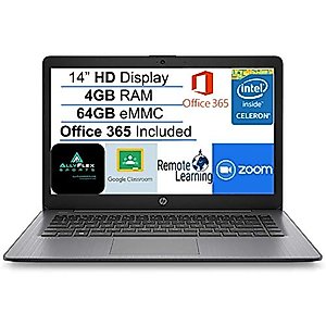 Newest HP Stream 14" HD SVA Laptop Computer, Intel Celeron N4000 Processor, 4GB RAM, 64GB eMMC Flash Memory, 1-Year Office 365, HDMI, Bluetooth, Windows 10, Black, AllyFlex MP, Online Class Ready