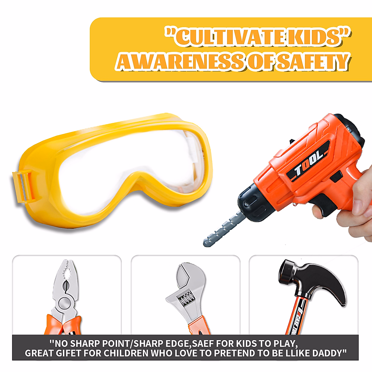 POFJOEQ Kids Tool Set – 34-Piece Kids Tool Set with Tool Box & Electronic Toy Drill - Pretend Play Toddler Toys - Inspire Imagination and Skill Development