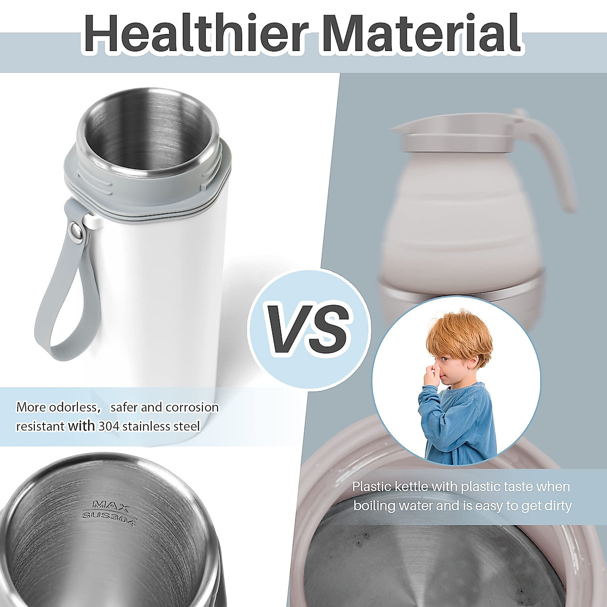 Kompoll Travel Electric Kettle, Fast Water Boil Small Portable Kettle, Stainless Materials Automatic Shut off Tea Pot, Dry Protection and Separable Power Cord, Suitable for Milk, Coffee, Water and Tea