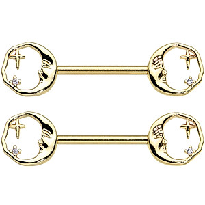 Body Candy 14G Womens Nipplerings Piercing PVD Steel 2Pc Face Crescent Moon Nipple Ring Set 9/16"