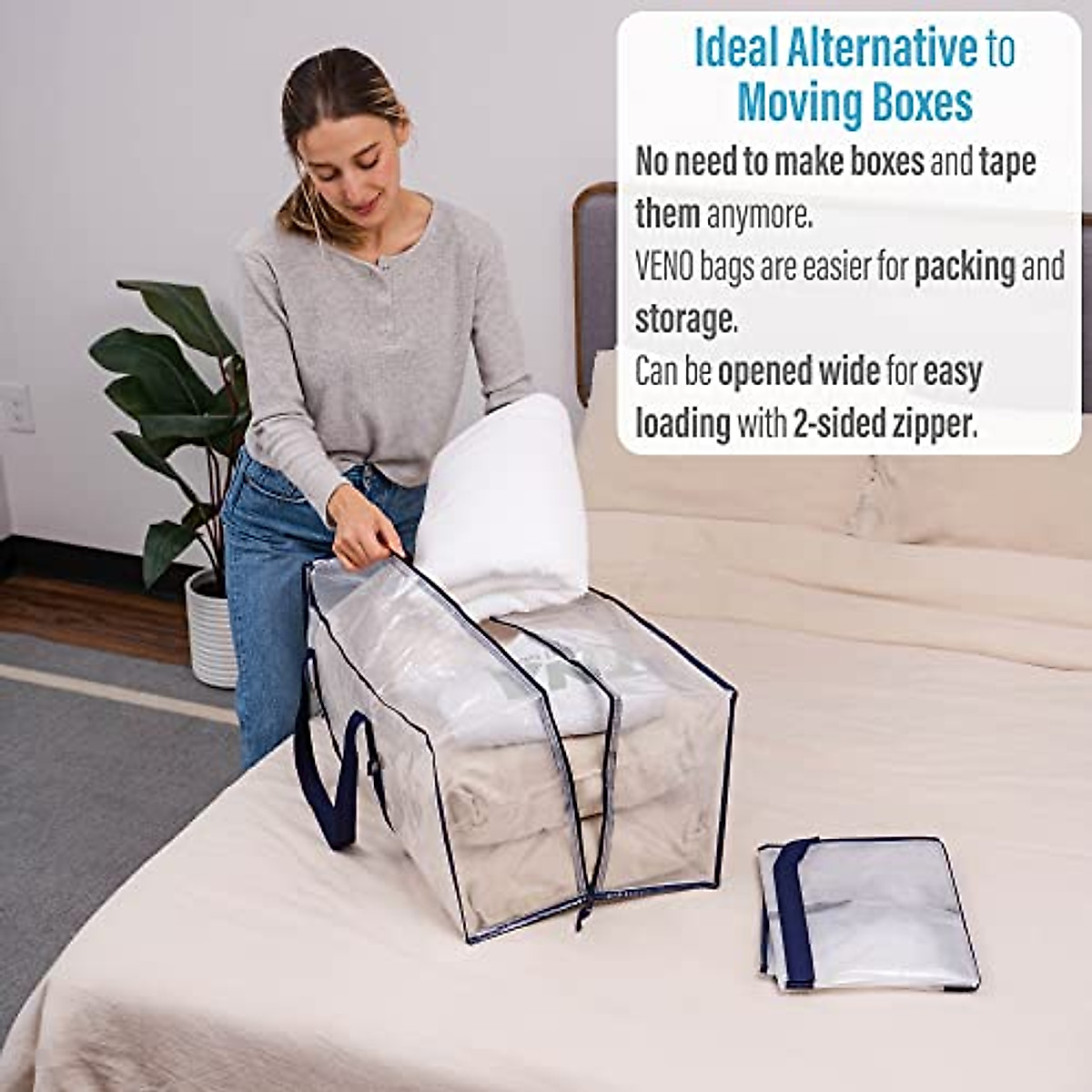 VENO 8 Pack Heavy Duty Extra Large Clear Storage Bag, Moving Bag, Clothes Organizer, for Blanket, Comforter, Bedroom Closet, Dorm Room Essentials, Moving Supplies, Storage Tote, Reusable and Sustainable (Clear - Set of 8)